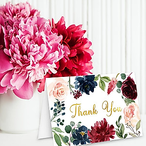 Whaline 36 Pack Floral Thank You Cards Bulk Watercolor Navy Burgundy Flower Greeting Cards with Envelope Sticker Gold Foil Spring Blank Note Cards for Wedding Birthday Baby Shower Party, 4 x 6 Inch