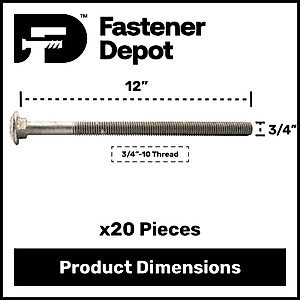 3/4"-10 x 12 Hot Dipped Galvanized Carriage Bolt, Grade A, 6" of Thread, Quantity 20 - by Fastener Depot, LLC