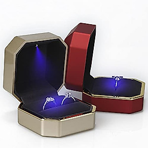 AVESON Luxury Ring Box, Square Velvet Wedding Ring Case Jewelry Gift Box with LED Light for Proposal Engagement Wedding, Gold