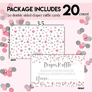Amanda Creation Pink & Silver Twinkle Little Star Themed Diaper Raffle Tickets for Girl Baby Showers, 20 2" X 3” Double Sided Inserts, Bring a Pack of Diapers to Win Favors & Prizes!