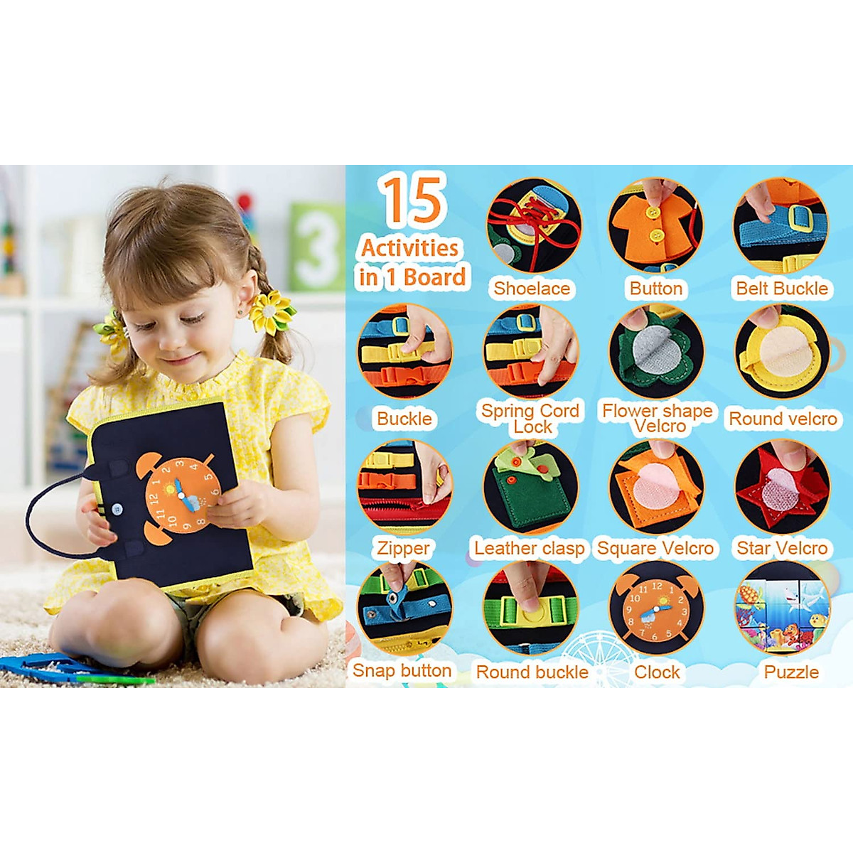 Busy Board Toys for Toddlers, Montessori Toys Gifts for 3-5 Year Old Boys & Girls, Preschool Toddler Activities Educational Travel Toy Learning Basic Dress Skills