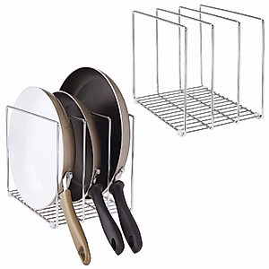 mDesign Metal Wire Organizer Rack for Kitchen Cabinet, Pantry, Shelves - Organizer Holder, 3 Slots for Skillets, Frying Pans, Lids, Cutting Boards, Vertical or Horizontal Placement, 2 Pack - Chrome