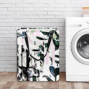 Abstract Leaves in Striped Print Collapsible Laundry Hamper, 60L Waterproof Laundry Baskets Washing Bin Clothes Toys Storage for Dorm Bathroom Bedroom