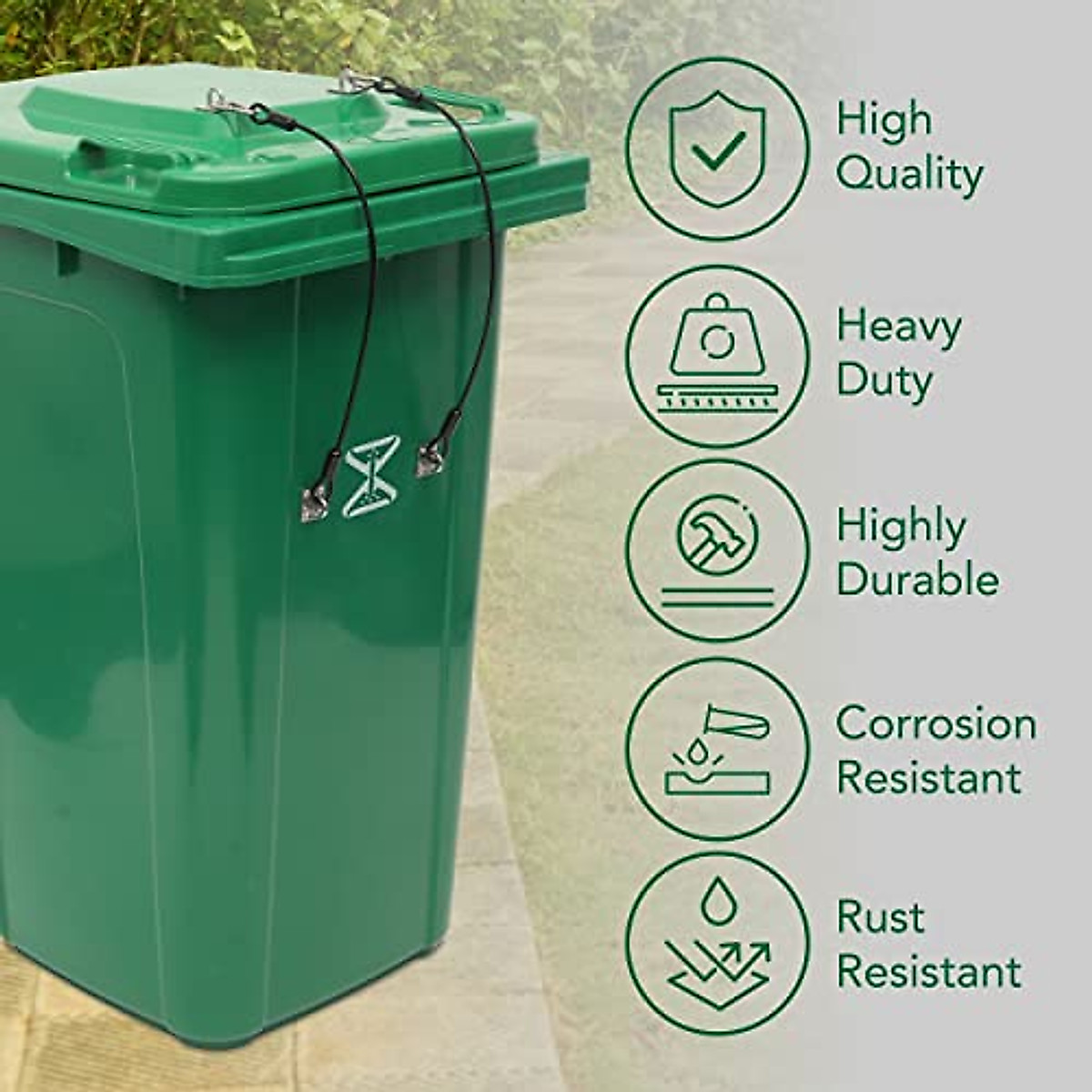 (4-Pack) Garbage Can Lock, Trash Can Lock Kit with Nylon Coated Wire Ropes, Stainless Steel Hasps, Mounting Hardware, Bonus Self-Tapping Screws