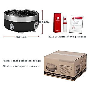 Portable Charcoal Outdoor BBQ Grill For Camping With Travel Bag - Small Tabletop Smoke ＆ Smokeless Pan Optional - Built In Electric Fan Power Supplied By Battery Charger Or Power Bank. (Luxury Black)