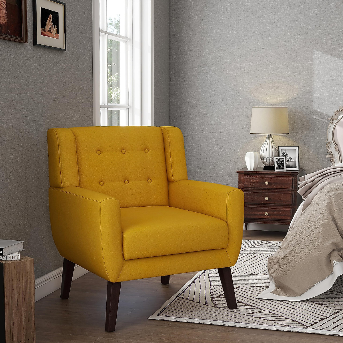 UIXE Accent Chairs Set of 2, Modern Living Room Arm Chair Button Tufted Armchair, Comfy Upholstered Club Lounge Sofa Seat Reading Chair Bedroom Side Seating for Home Office (Yellow)