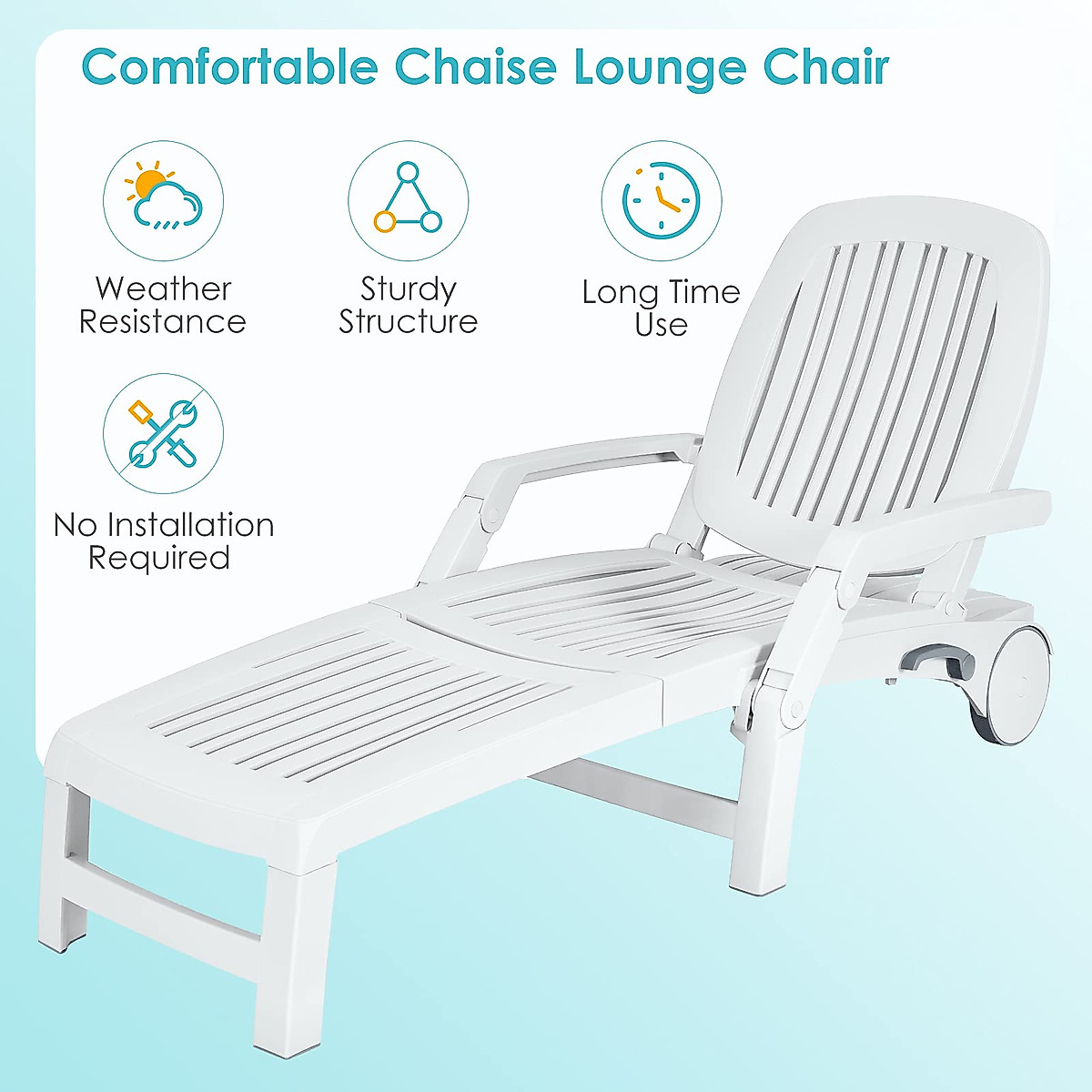 Tangkula Outdoor Chaise Lounge Chair, 5-Position Adjustable Recliner with Storage Box and Flexible Wheels, All-Weather Folding Patio Lounge Chair for Poolside, Beach and Backyard (1, White)