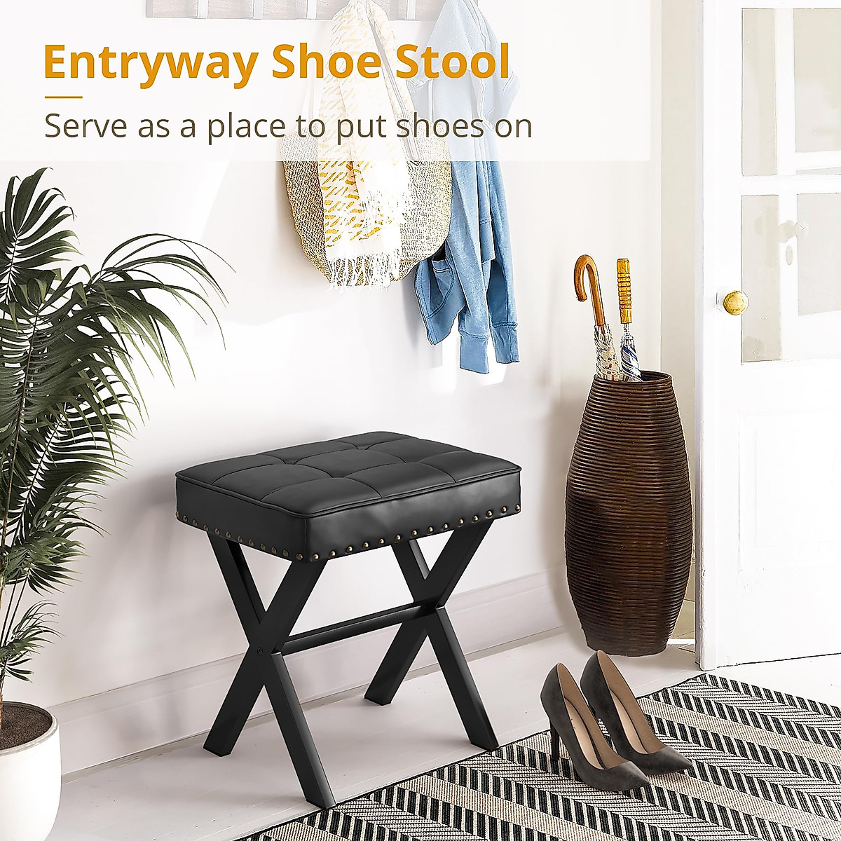 LUE BONA Vanity Stool, Square Faux Leather Makeup Stool with Metal X Legs, Small Ottoman Stool Chair for Vanity, Modern Padded Vanity Seat Foot Rest Stool for Makeup Room, Living Room, Black