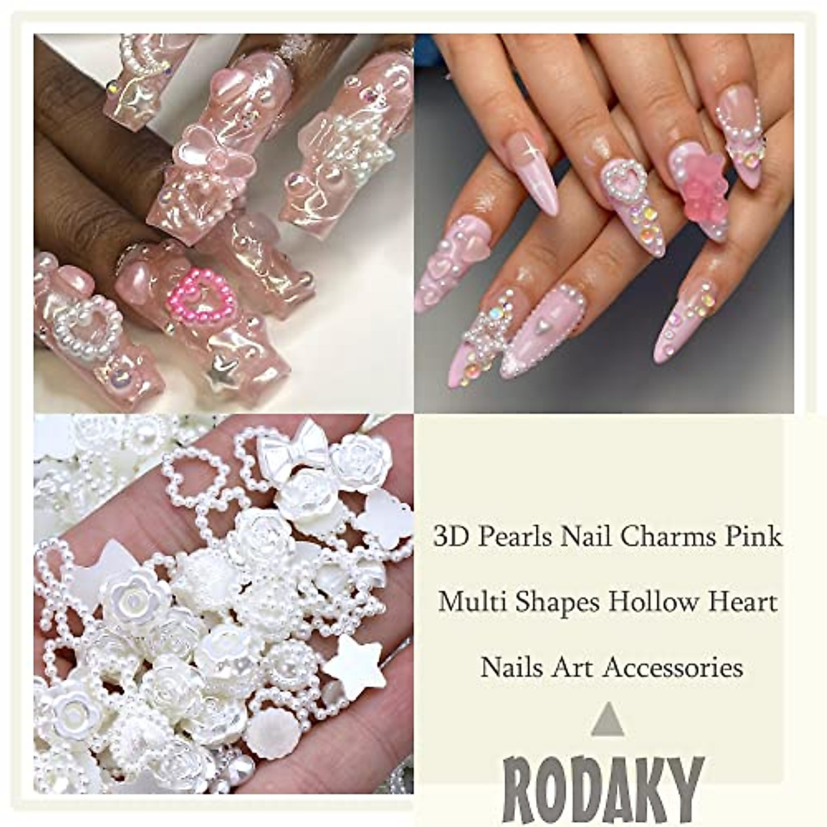 RODAKY 500Pcs Creamy-White Pearls Heart Nail Charms Cute Assorted Flatback 3D Pearls Stars Flowers Bowknots Nail Art Charms Material Embellishments for Nail Art DIY Crafts Accessories