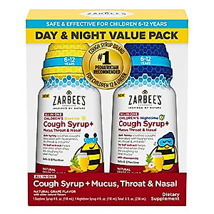 Zarbee's Kids All-in-One Day/Night Cough Value Pack for Children 6-12 with Dark Honey, Turmeric, B-Vitamins & Zinc, 1 Pediatrician Recommended, Drug & Alcohol-Free, Grape Flavor, 2x4FL Oz