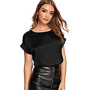 Floerns Women's Elegant Round Neck Rolled Short Sleeve Satin Silk Blouse Tops A Black S
