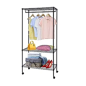 KARMAS PRODUCT 3 Tiers Wire Garment Rack with Hanger Bar Wheels, Heavy Duty Clothes Rack Portable Clothes Wardrobe Compact Extra Large Armoire Storage Rack Metal Clothing Rack