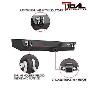 EAG Rear Bumper With 2" Hitch Receiver & 2 D-ring Black Textured Off Road for 87-06 Jeep Wrangler TJ YJ