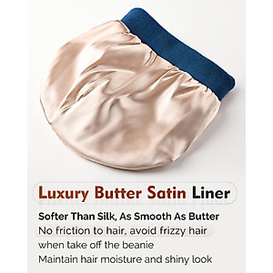 YANIBEST Womens Satin Lined Knit Beanie Hat Acrylic Winter Hats for Women Men Silk Lining Soft Slouchy Warm Cuffed Beanie Hat Blue