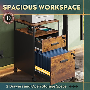 DEVAISE 2 Drawer File Cabinet, Mobile Printer Stand with Open Storage Shelf, Wood Filing Cabinet fits A4 or Letter Size for Home Office, Rustic Brown