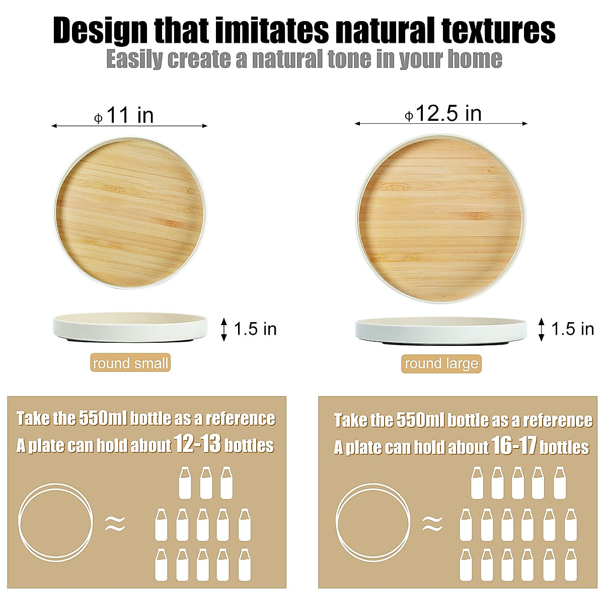 2 Pack Wood Grain Lazy Susan Turntable for Cabinet,Rotating Spice Racks for Pantry Cabinet Cupboard Organizer Table,Plastic Lazy Susan Organizer(12.5+12.5inch)