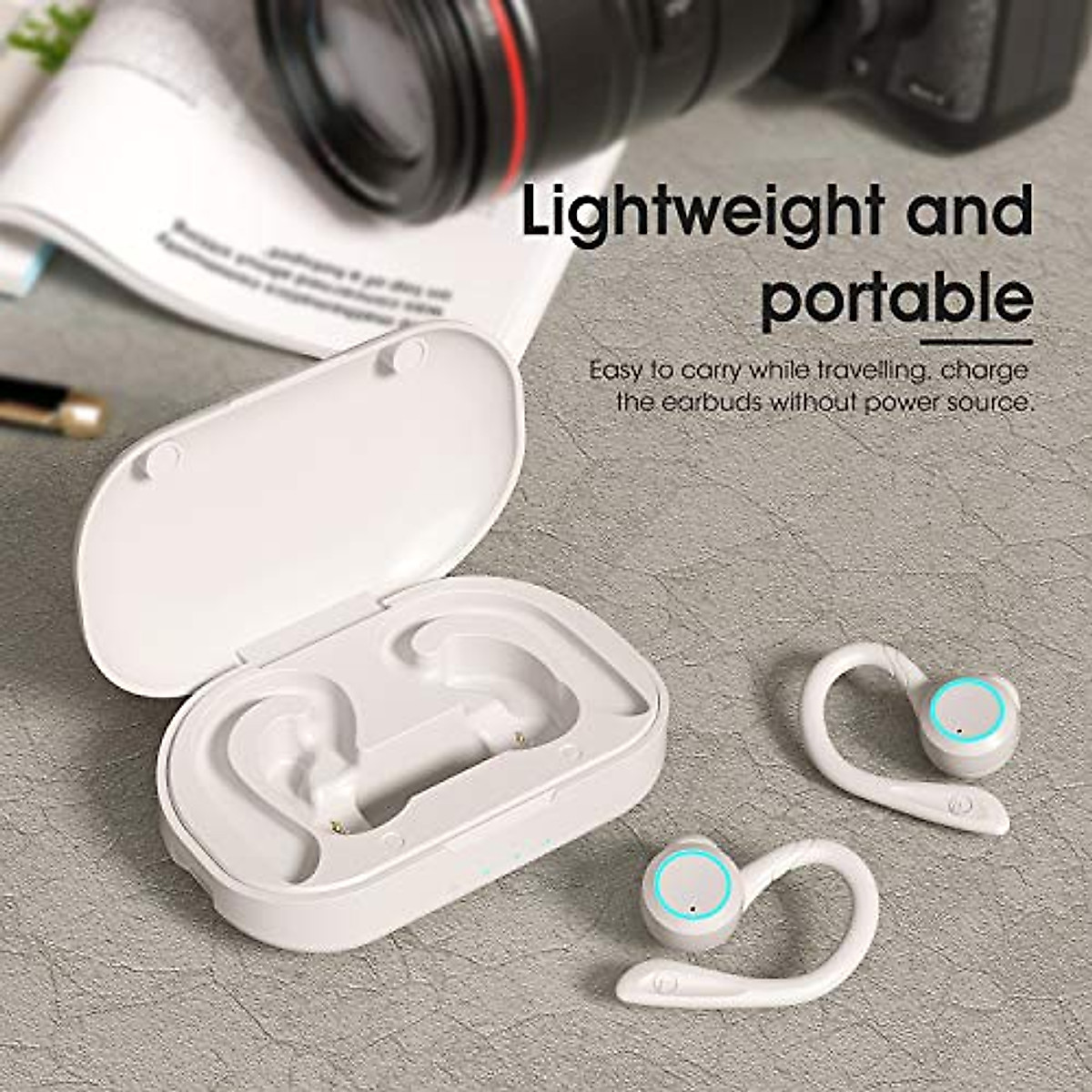 APEKX True Wireless Earphones with Charging Case IPX 7 Waterproof Over Ear Bluetooth Headphones Built-in Mic Deep Bass Headset for Sport Running - White