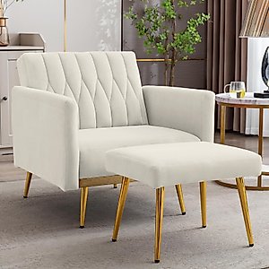 TTGIEET Velvet Accent Chair with Ottoman, Modern Upholstered Tufted Armchair, Comfy Single Sofa Chair Side Chair with Golden Metal Legs& Adjustable Arms for Living Reading Room Bedroom Office (Cream