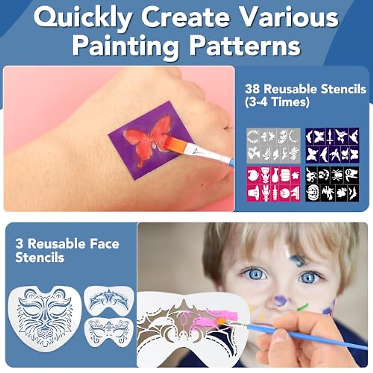 Face Painting Kit For Kids Party,22 Colors Face Paint Kit Includes Paint Tray,Sponges,Brushes and Stencils,Professional Face Painting Kit Non Toxic for Kids and Adults Halloween Makeup