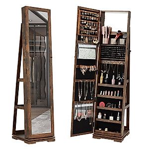 Buymoth 3-in-1 Rotating Jewelry Armoire Cabinet, Freestanding Lockable Jewelry Cabinet Organizer w/Full Length Mirror, Large Storage Capacity, Built-in Makeup Mirror & 3-Tier Rear Shelves,Rustic Brown