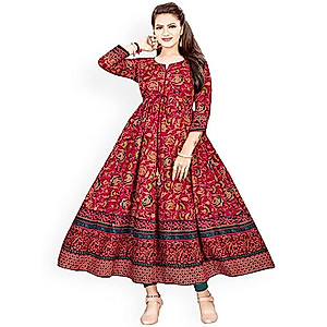 Women's Rayon Sanganeri Printed Long Anarkali Kurti With Tasseles (Maroon, Large)