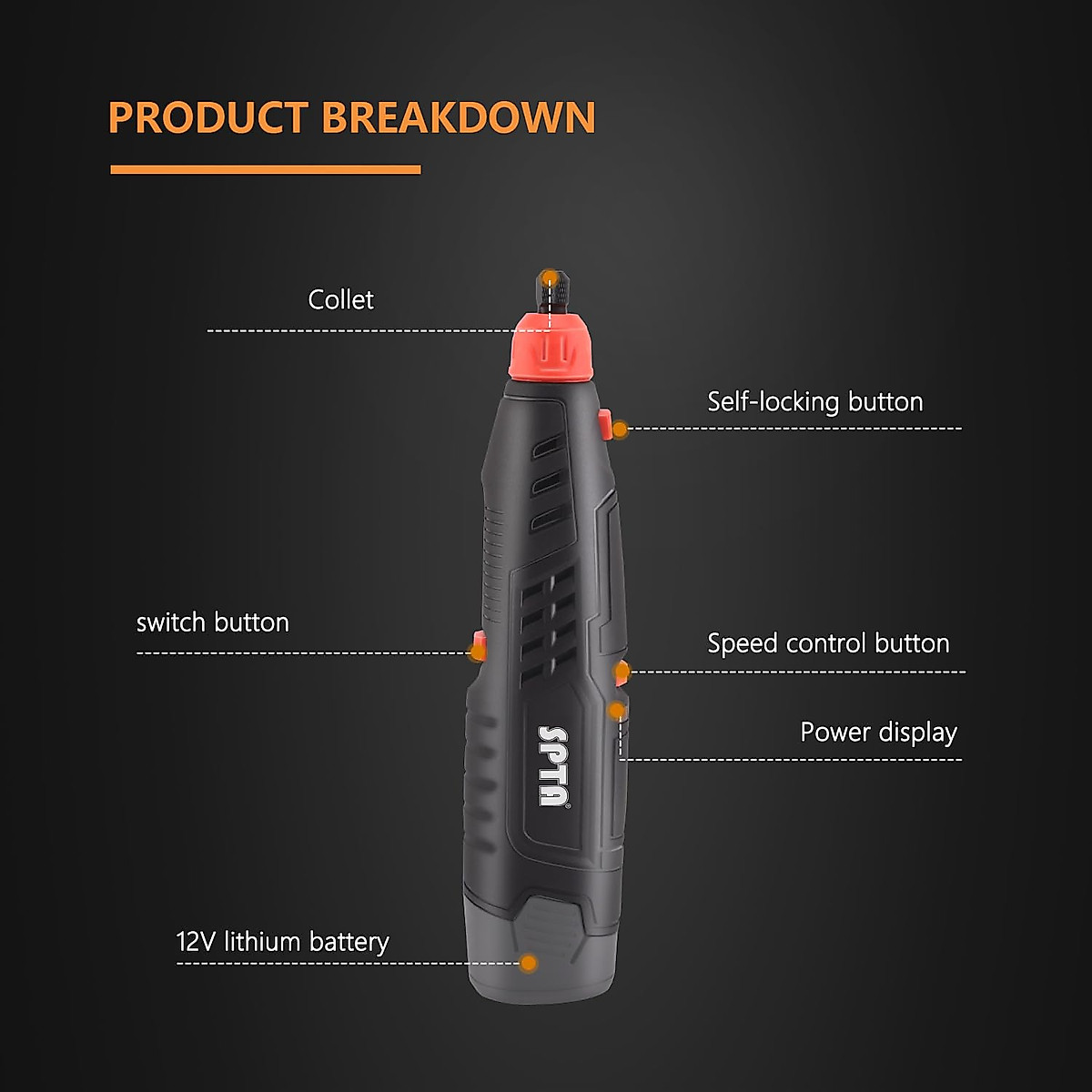 Cordless Rotary Tool, SPTA Cordless Mini Car Polisher, 36Pcs 12V Li-ion Battery IVT 5,000-25,000 RPM Small Buffer Polisher Polishing Foam Pad Set for Polishing Sanding