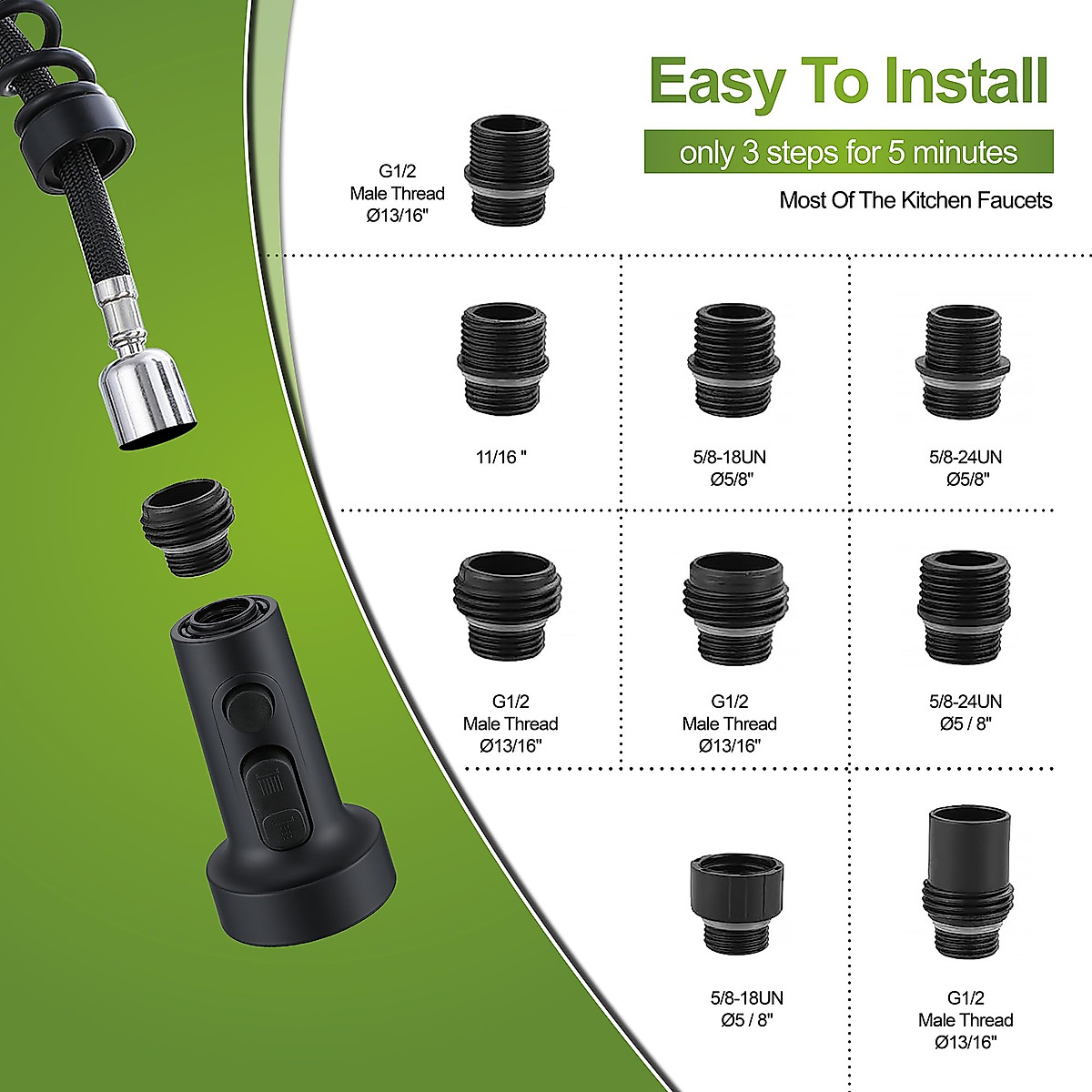 GCGWEQS Pull Down Faucet Replacement Head, 3 Functions Kitchen Faucet Sprayer Head, G 1/2 Pull Out Spray Head for Kitchen Faucet, Black Kitchen Sink Faucet Head