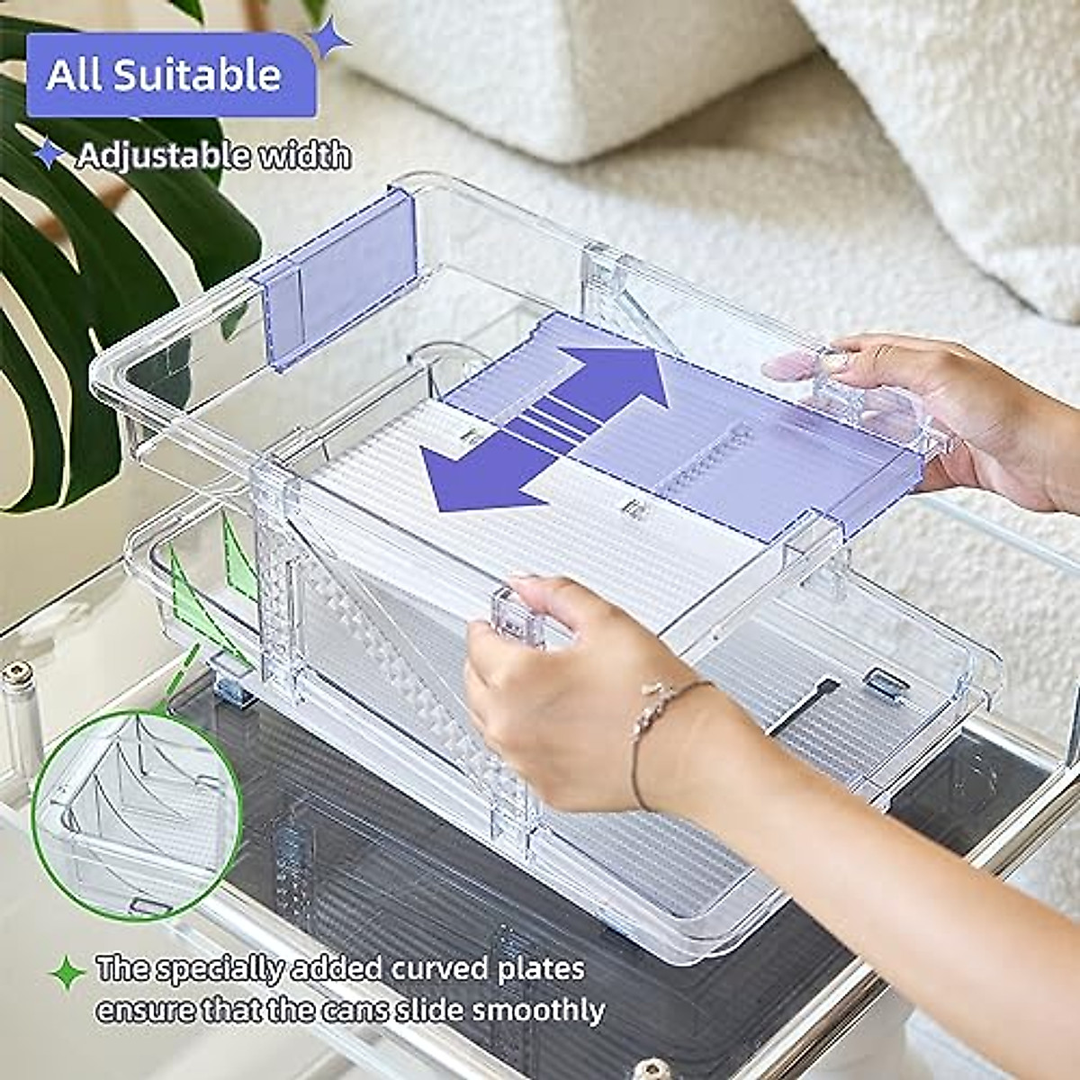 Ynelyase Soda Can Dispenser Organizer for Refrigerator Mini Skinny and Pop Can Holders Drink Storage Wide Adjustable (2-Pack Clear)