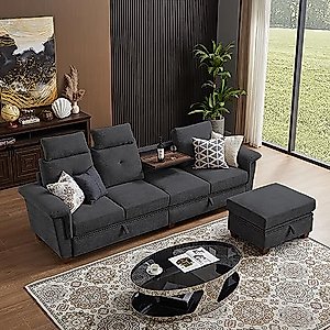 Jarenie Sectional Sofa with Storage and Cupholder, 4 Seat L Shaped Couch with Reversible Ottoman, Wooden Legs, Upholstered Fabric Sofa Couches for Living Room, Apartment, Office (Dark Grey)