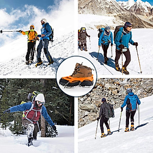 NewDoar Ice Cleats Crampons Traction,19 Spikes Stainless Steel Anti Slip Ice Snow Grips for Women, Kids, Men Shoes Boots, Safe Protect for Mountaineering, Climbing, Hiking, Walking, Fishing,(Orange,M)