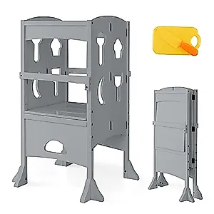 HONEY JOY Kitchen Step Stool for Toddlers, Children Wooden Standing Tower w/Safety Rail, Extra Kitchen Toys, Montessori Foldable Kids Learning Tower for Kitchen Counter(Gray)
