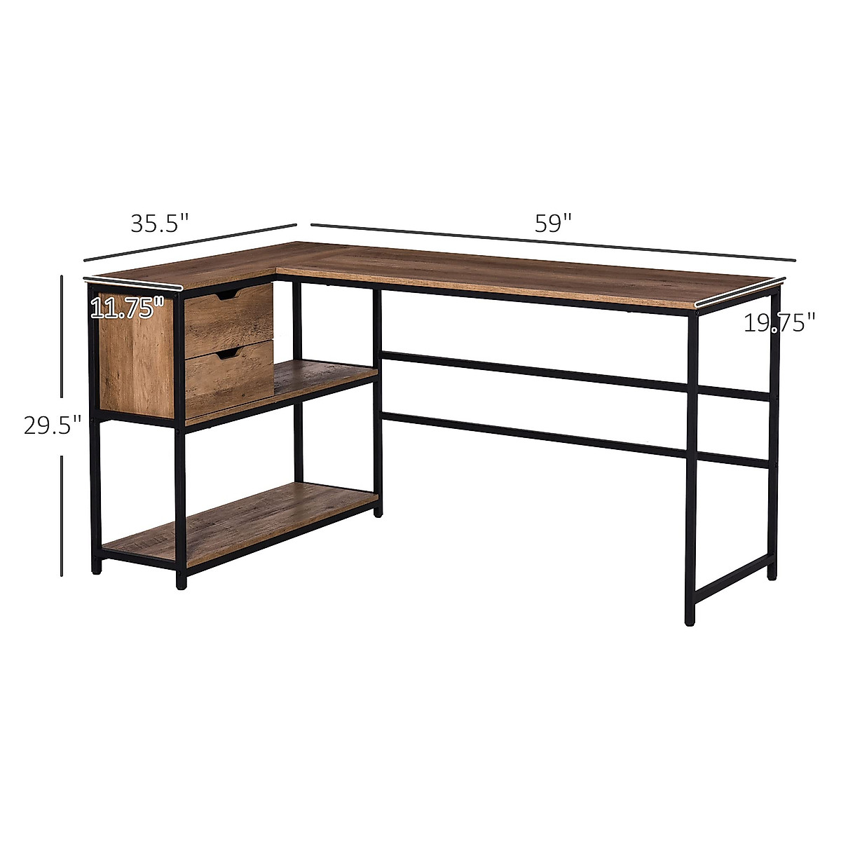 HOMCOM L-Shaped Home Offie Computer Desk with Storage Shelves, 2 Dawers and Industrial Steel Frame, Black/Brown