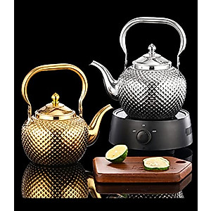 Alunsito Stove Top Tea Pot, Food Grade Stainless Steel Tea Kettle with Handle and Tea Strainer, 1.3qt Teapot Water Boilers for Home Kitchen Hotel Restaurant, Gold, 1.2 Liters