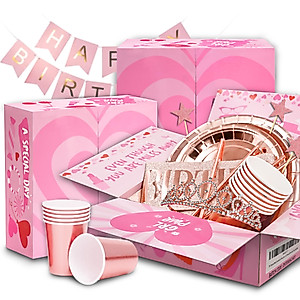 Party spot! 253 Pcs Birthday Decorations For Women, Rose Gold Party Decorations, Happy Birthday Decorations - Balloon Stand Kit, Tableware Kit,Pump, Banner, Tassel Curtain,Balloon, For 25 Guests