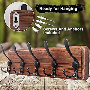 Dseap Coat Rack Wall Mounted - 5 Tri Hooks, Heavy Duty, Wooden Wall Coat Hanger Coat Hook for Clothes Hat Jacket Clothing, Natural & Black