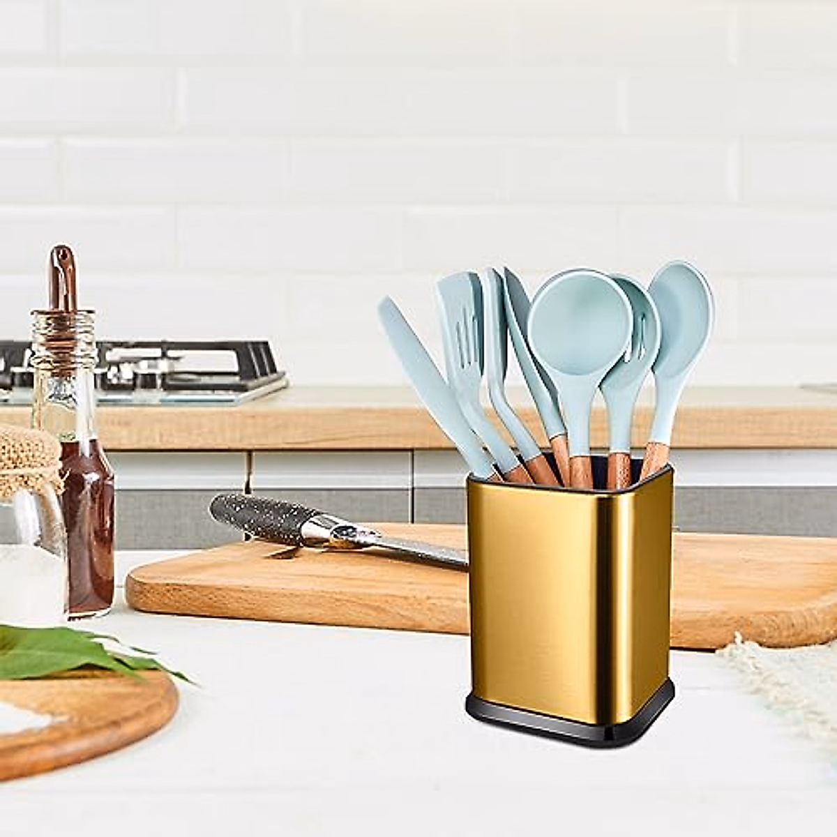 RedCall Stainless Steel Kitchen Utensil Holder for Countertop, Spoon Spatula Organizer,Modern Rectangular Large Cooking Utensil Caddy Counter,Utensil Crock (Stainless Steel Gold)