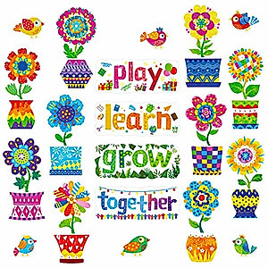 60 PCS Flower Cutouts, Colorful and Erasable Potted Flowers & Birds Cut-Outs Bulletin Board Classroom Decoration in 30 Designs Spring Flower Blossom Themed Party Supplies for Kids Teacher Student