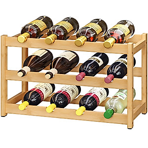 BAMEOS Bamboo Wine Rack, 3 Tier Natural Wine Rack Freestanding Floor Display Storage Shelf countertop Wine Holder for Kitchen, Bar, Pantry, Wine Cellar, Basement,Study，Maroon (16.85 L x 9.25W x 12H)