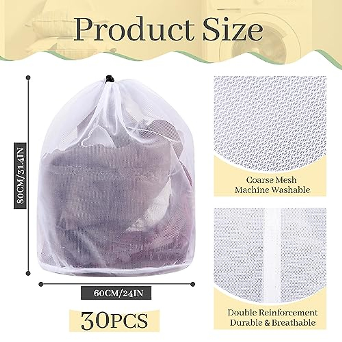 Fine Mesh Laundry Bag with Drawstring White Heavy Duty Mesh Bag Machine Washable Sheet Drawstring Bag Net Wash Bag Laundry Washing Bag for Delicates College Dorm, X-Large (12 Pcs)
