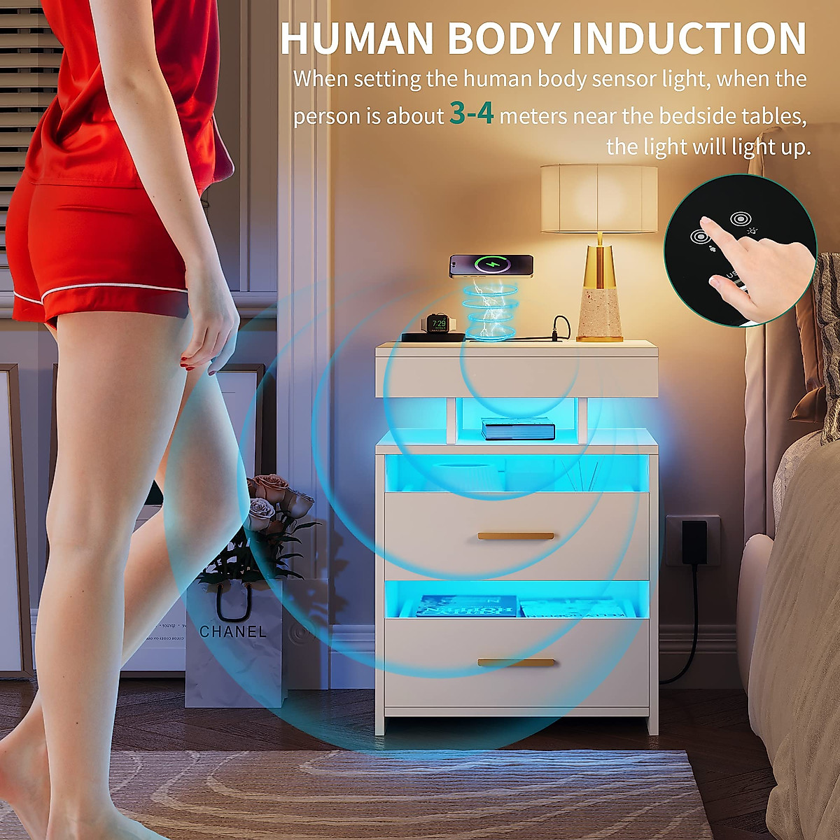 YITAHOME LED Nightstand with Wireless Charging Station, USB & Type-C Ports, Smart Night Stands with 2 Drawers for Bedroom, Modern Bedside Tables with Embedded LED Light Strip, Human Body Induction