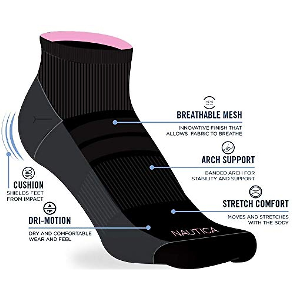 Nautica Women's Comfort Cushioned Quarter Cut Moisture Control Athletic Socks (6 Pack), Size 4-10, Black