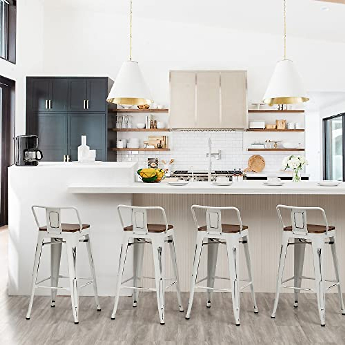 Andeworld Bar Stools Set of 4 Counter Height Stools Industrial Metal Barstools with Wooden Seats(30 Inch, Distressed White)