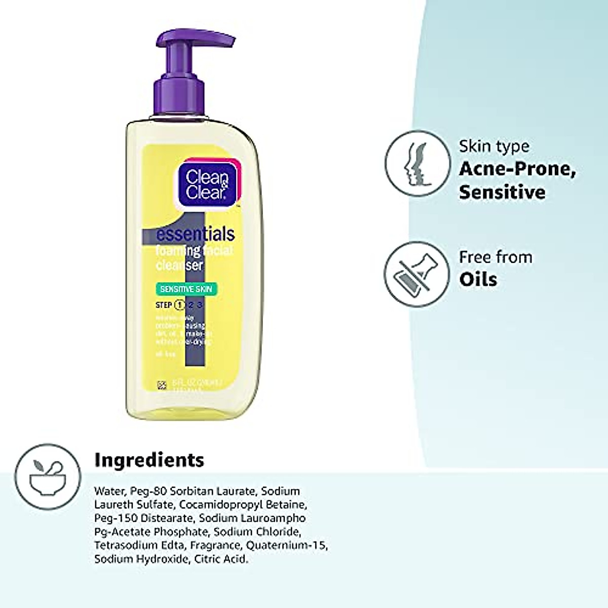 Clean & Clear Essentials Foaming Facial Cleanser for Sensitive Skin, Oil-Free Daily Face Wash to Remove Dirt, Oil & Makeup, 8 fl. oz