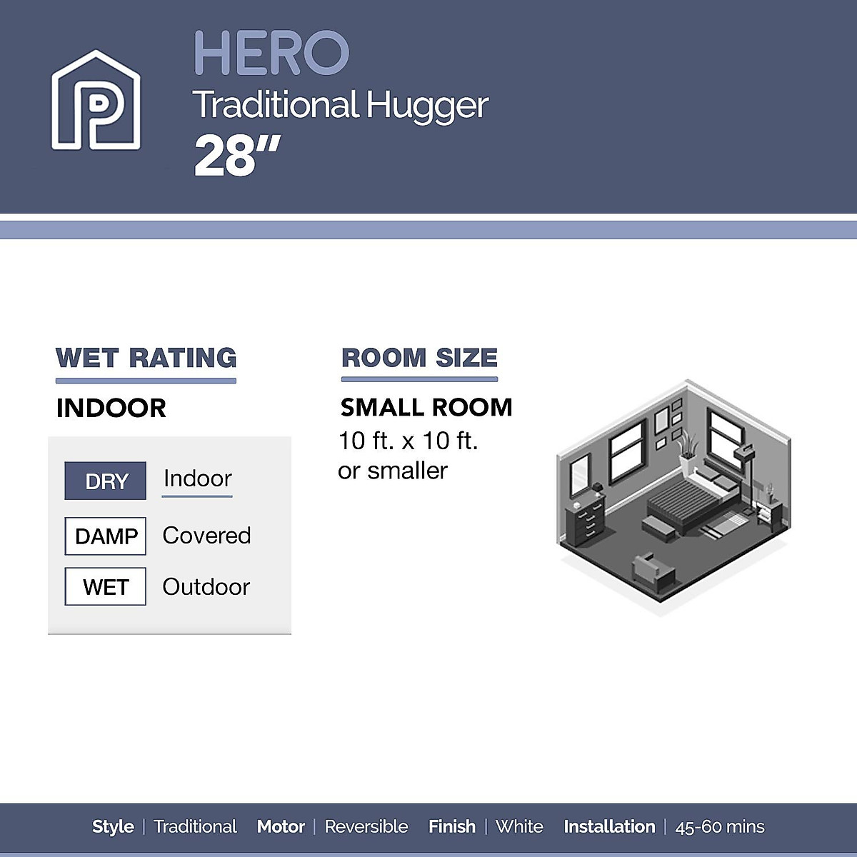 Prominence Home Hero, 28 Inch Traditional Flush Mount Indoor LED Ceiling Fan with Light, Pull Chain, Dual Finish Blades, Reversible Motor - 41530-01 (White)