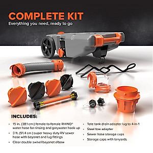 Camco Rhino 28-Gallon Portable Camper / RV Tote Tank - Features Large Heavy-Duty No-Flat Wheels & Built-In Gate Valve - Removable Steel Tow Adapter, 3’ RV Sewer Hose & More RV Accessories (39004)