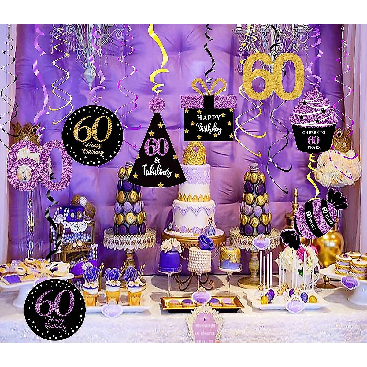 60th Birthday Decorations for Women Purple Black Gold 60 Birthday Party Decor – Foil Hanging Swirls/Women 60th Birthday Party Decorations
