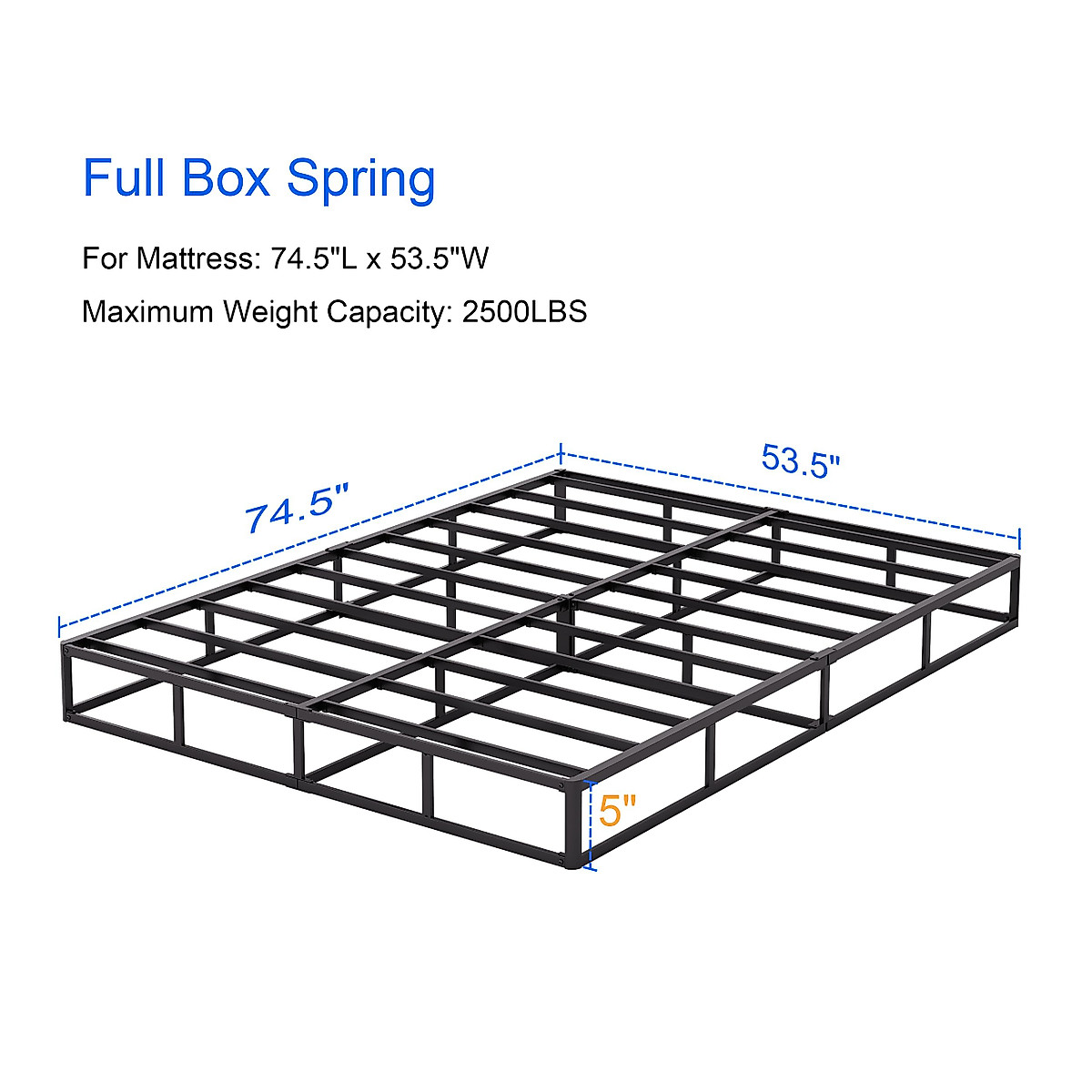 Woozuro Full Size Bed Frame, 5 Inch Low Profile Metal Box Spring with Fabric Bed Cover, 2500lbs Heavy Duty Steel Structure Mattress Base, Noise-Free Bed Foundation, Easy Assembly, Black