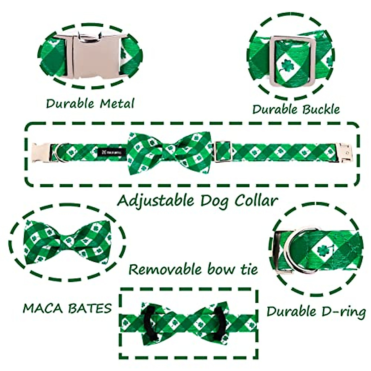MACA Bates St. Patrick's Day Dog Collar with Bow/Flower/Bow tie, Clover Adjustable Collar for Small Medium Large Dog with Metal Buckle