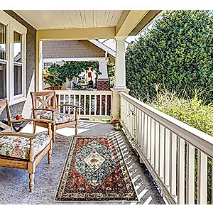 AIZHU Collection Boho Area Rug - 3’ x 5’, Non Slip Thin Entryway Rug Doormat Washable Distressed Accent Indoor Throw Low Pile Rug Front Floor Carpet for Entrance Living Room kitchen Bedrooms, Bohemian