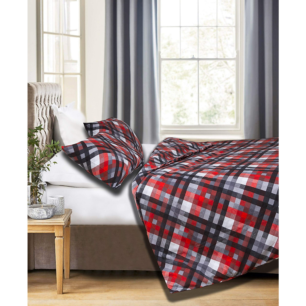 Friends at Home 180 Gram Cotton Heavyweight Flannel Duvet Cover Sets (Grey/red/Black, King)